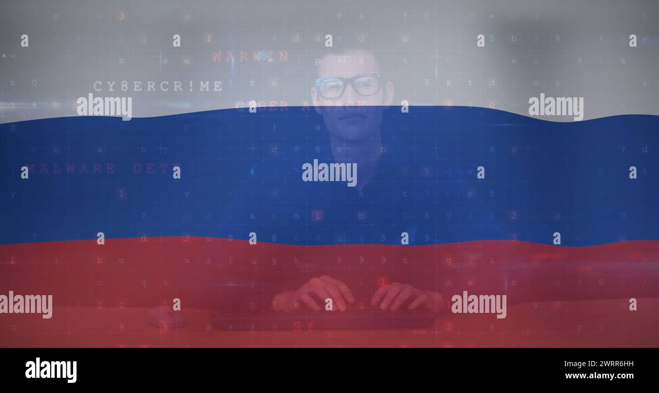 Image of caucasian male hacker over flag of russia Stock Photo - Alamy