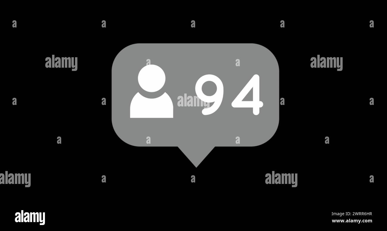 Grey message bubble and profile icon with rising numbers on a 4k black ...