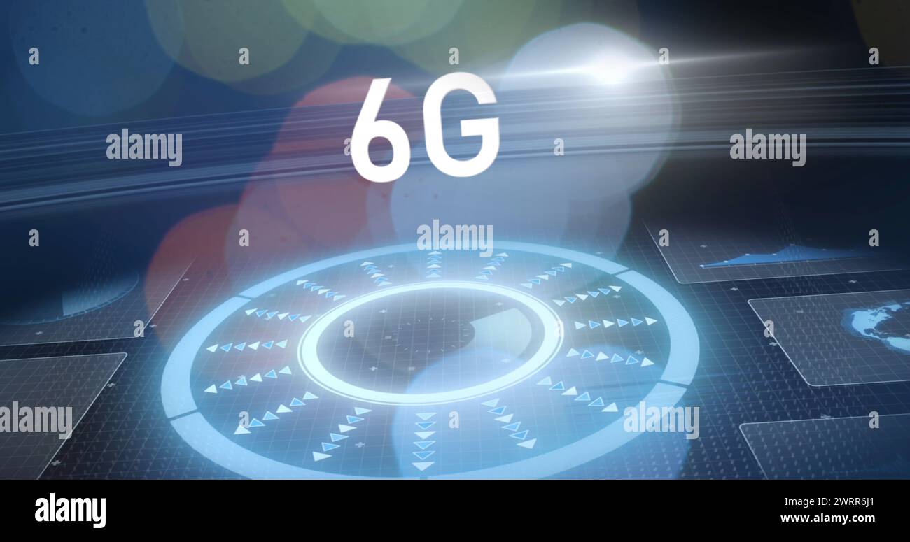 Image of 6g text, data processing and scopes scanning on screens over glowing light Stock Photo ...