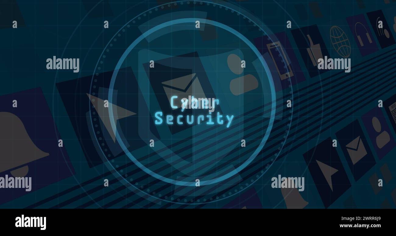 Cyber Security Text Over Round Scanner Against Digital Icons In Seamless Pattern On Blue