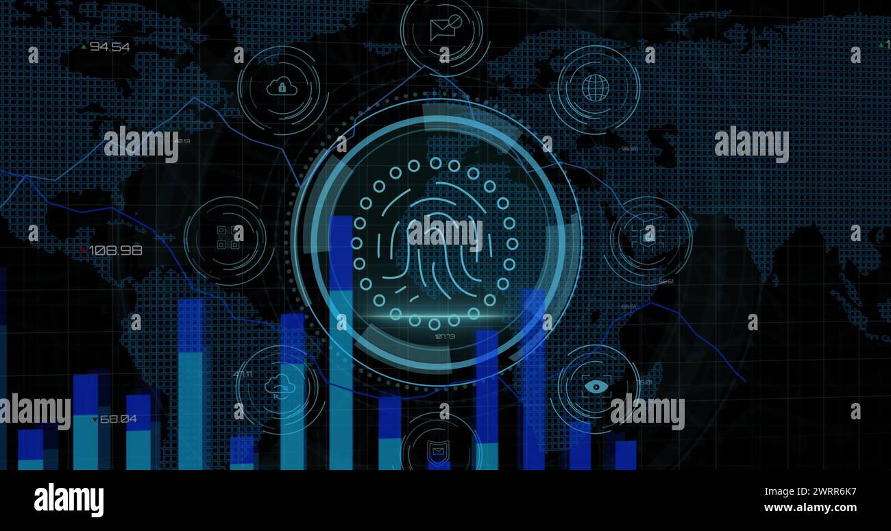 Image of data protection and fingerprint in circle over graph on black ...
