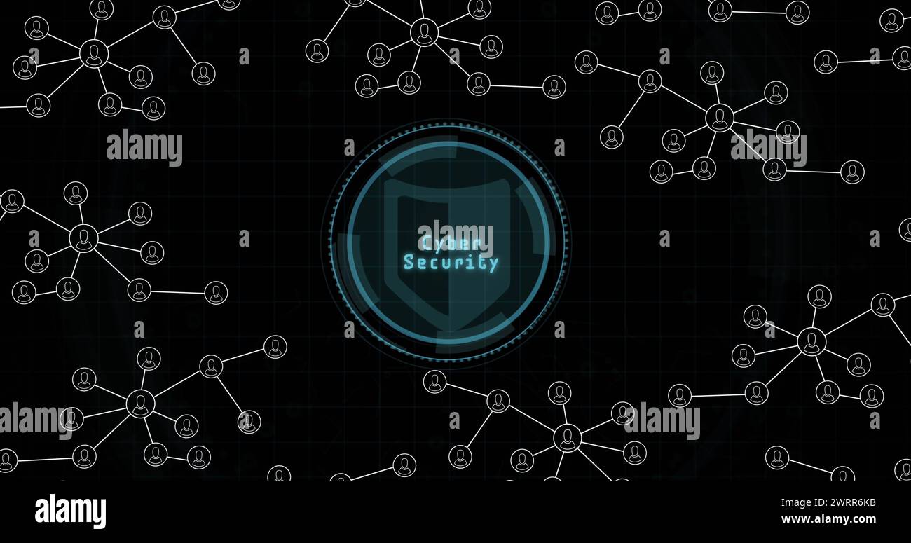 Cyber security text over round scanner and network of digital icons ...