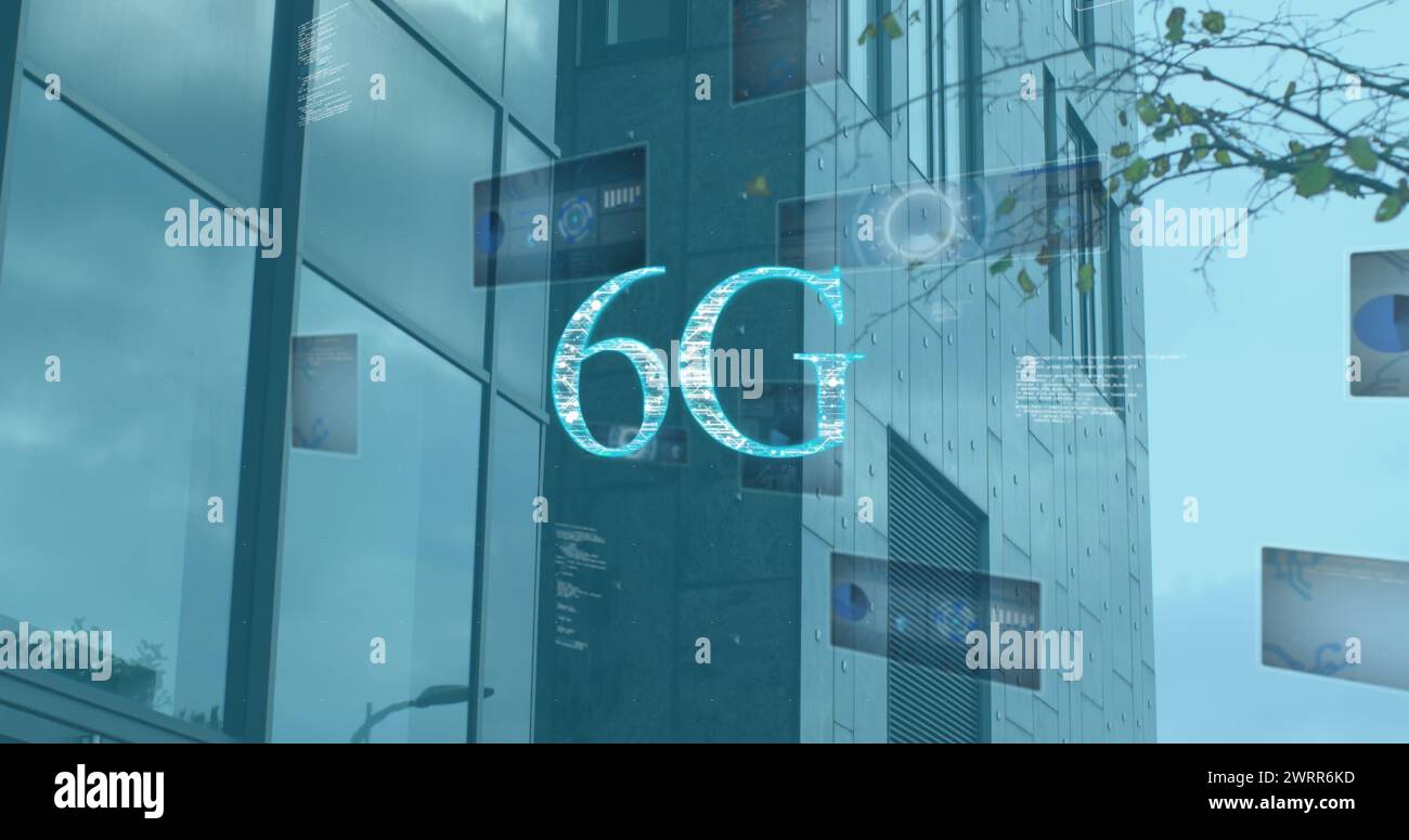 Image of 6g text, data processing and scopes scanning on screens over modern office building ...
