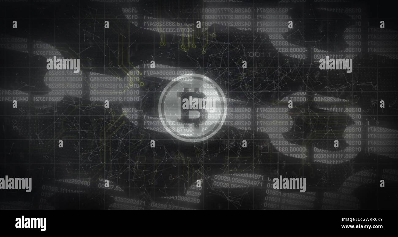 Security chain icon and bitcoin symbol over network of connections ...