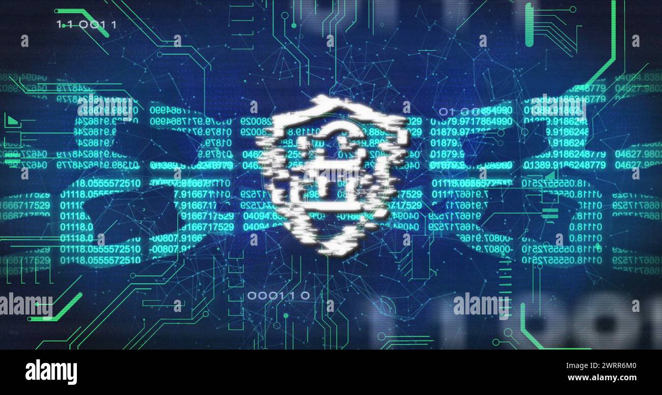 Image of digital shield with padlock and block chain over binary code ...