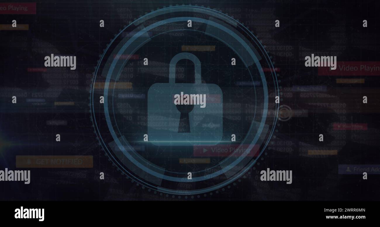 Cyber security text over round scanner and security chain icon against ...