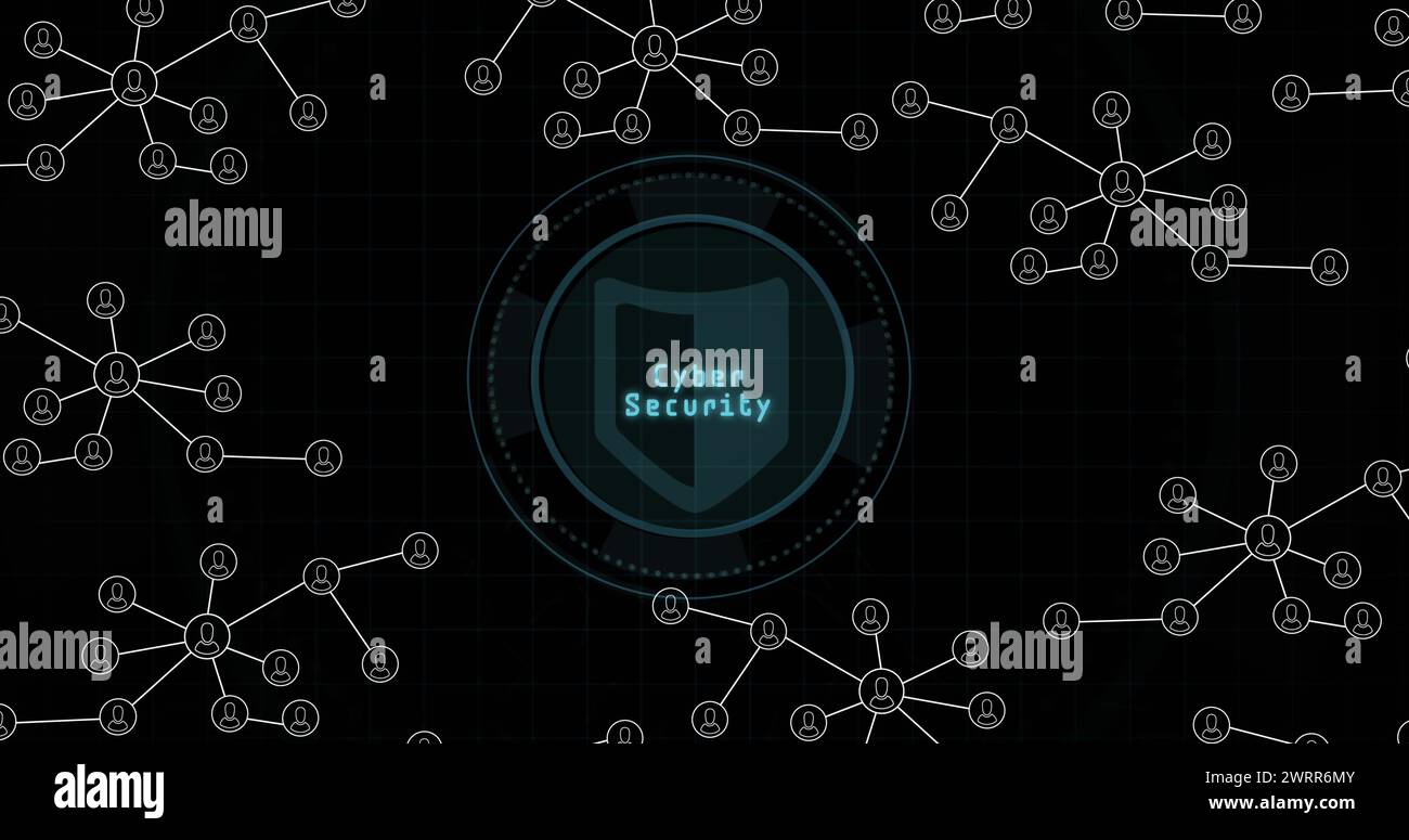 Cyber security text over round scanner and network of digital icons ...