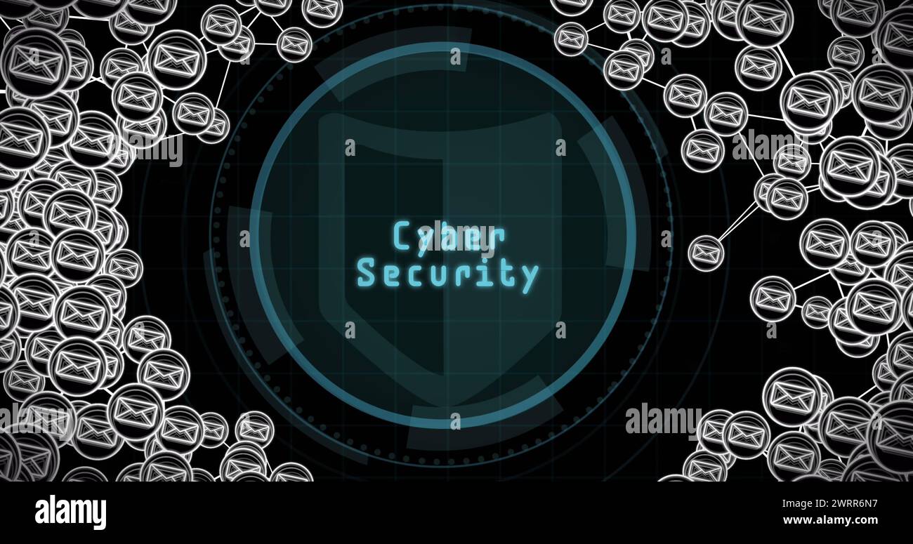 Network Of Message Icons And Cyber Security Text Over Round Scanner Against Black Background