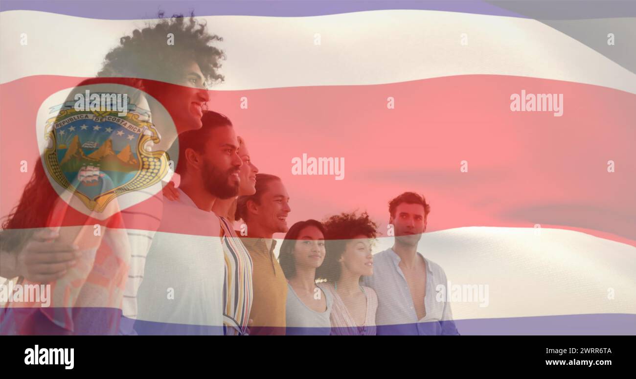 Image of flag of costa rica waving over diverse friends forming human ...