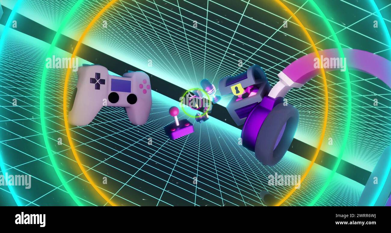 Image of gaming icons and shapes over neon shapes Stock Photo - Alamy