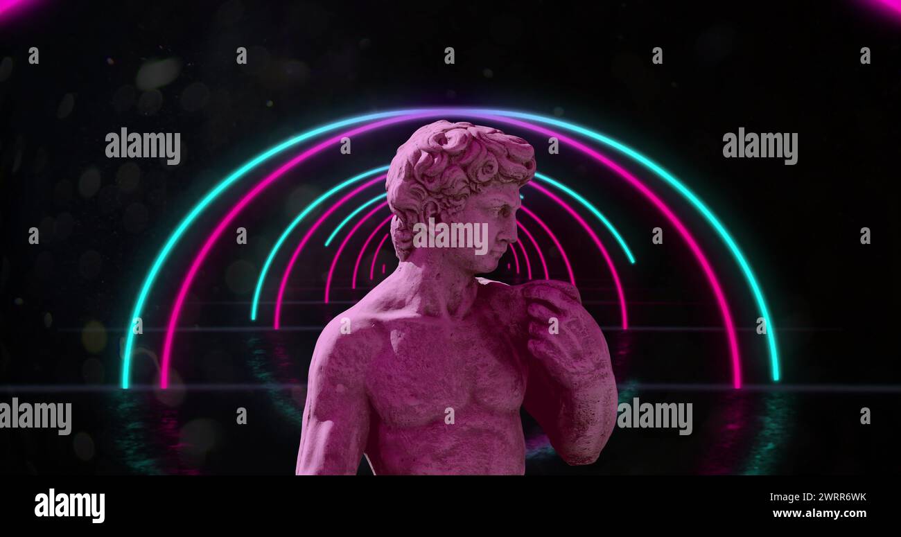 A statue poses against a neon light backdrop, with copy space Stock ...