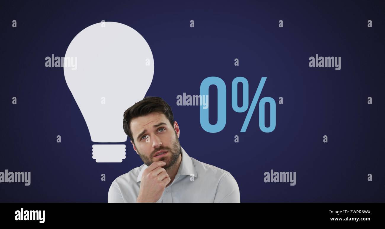 Young man with a light bulb and rising percentages on a dark blue ...