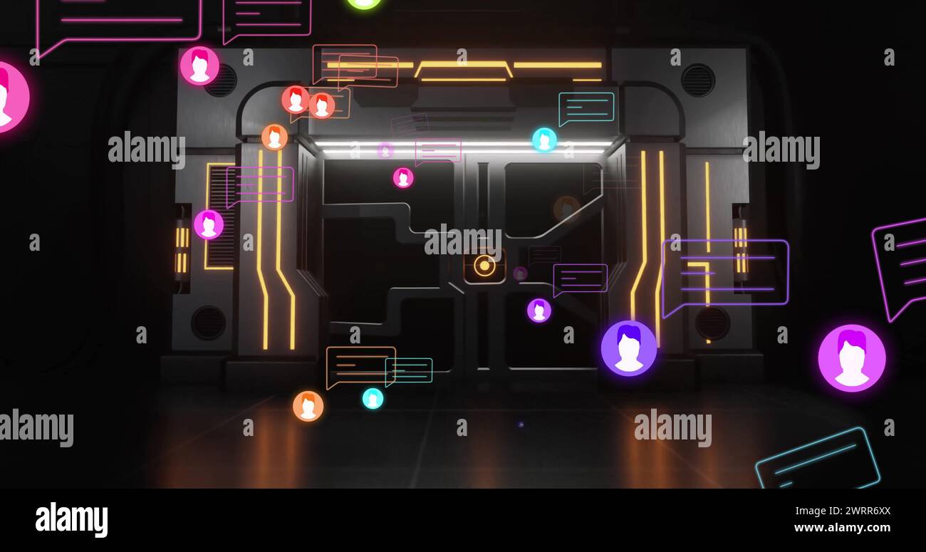 Image of media icons and shapes over cyber room Stock Photo - Alamy
