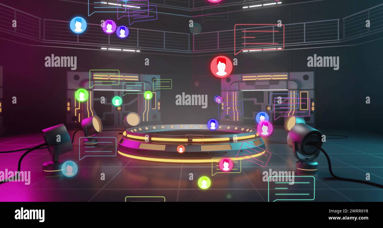 Image of media icons and shapes over cyber room Stock Photo - Alamy