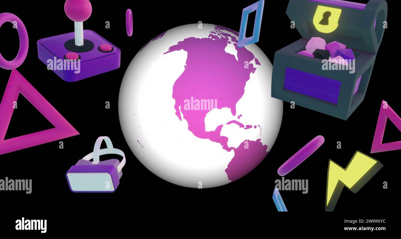 Image of gaming icons and globe over black background Stock Photo - Alamy
