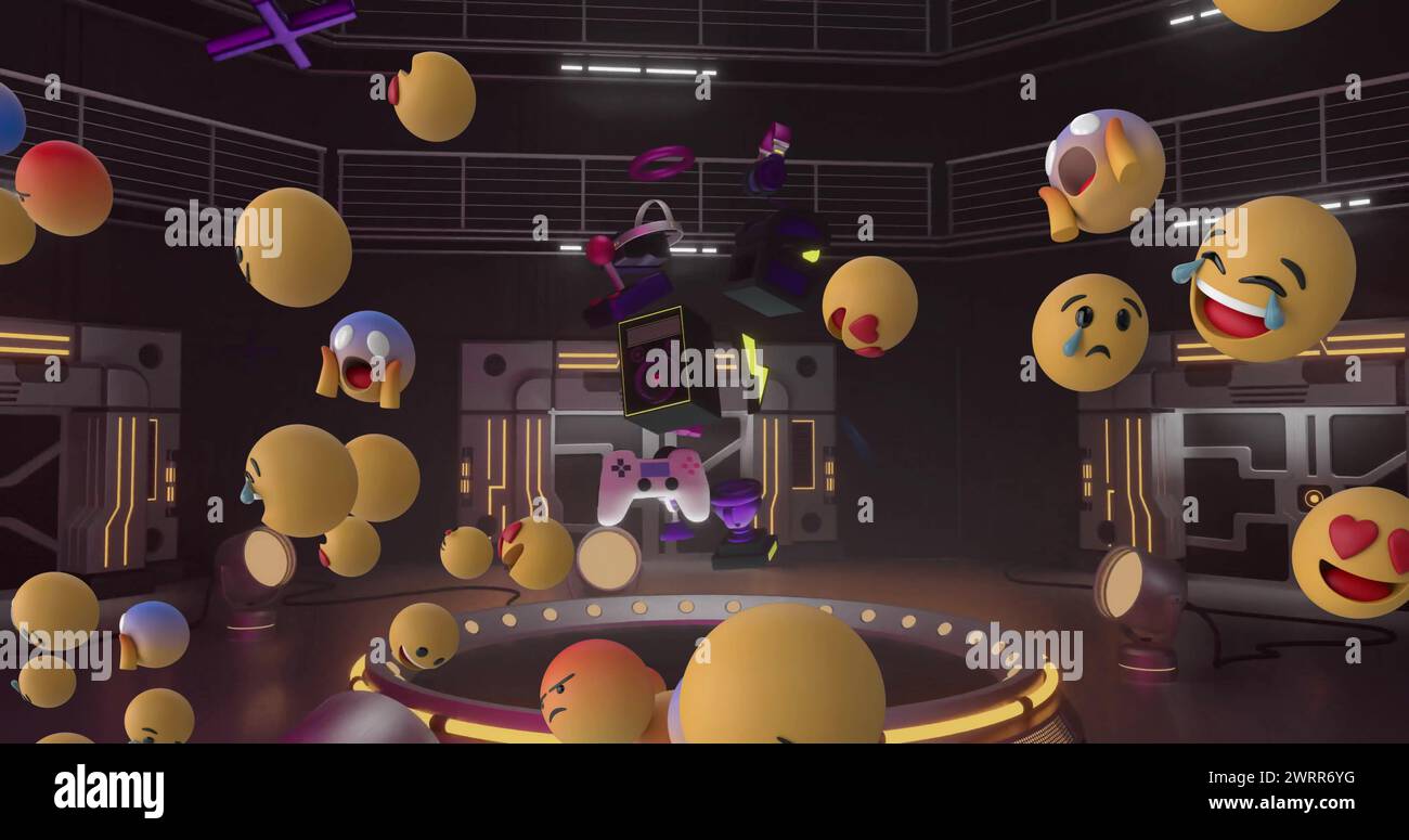 Image of gaming and emoji icons over cyber room Stock Photo - Alamy