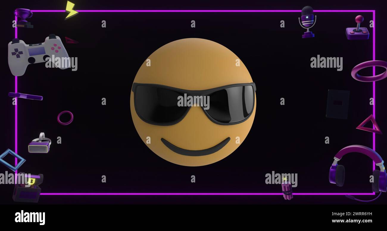 Image of gaming icons and emoji over black background Stock Photo - Alamy