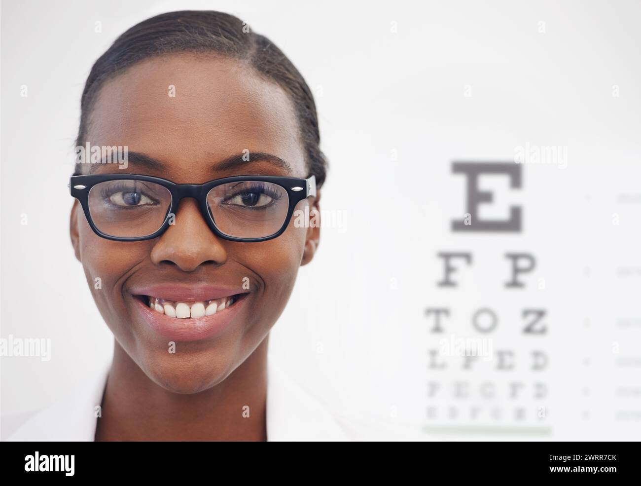 Vision, test and portrait of woman in consultation for optometry, eye ...