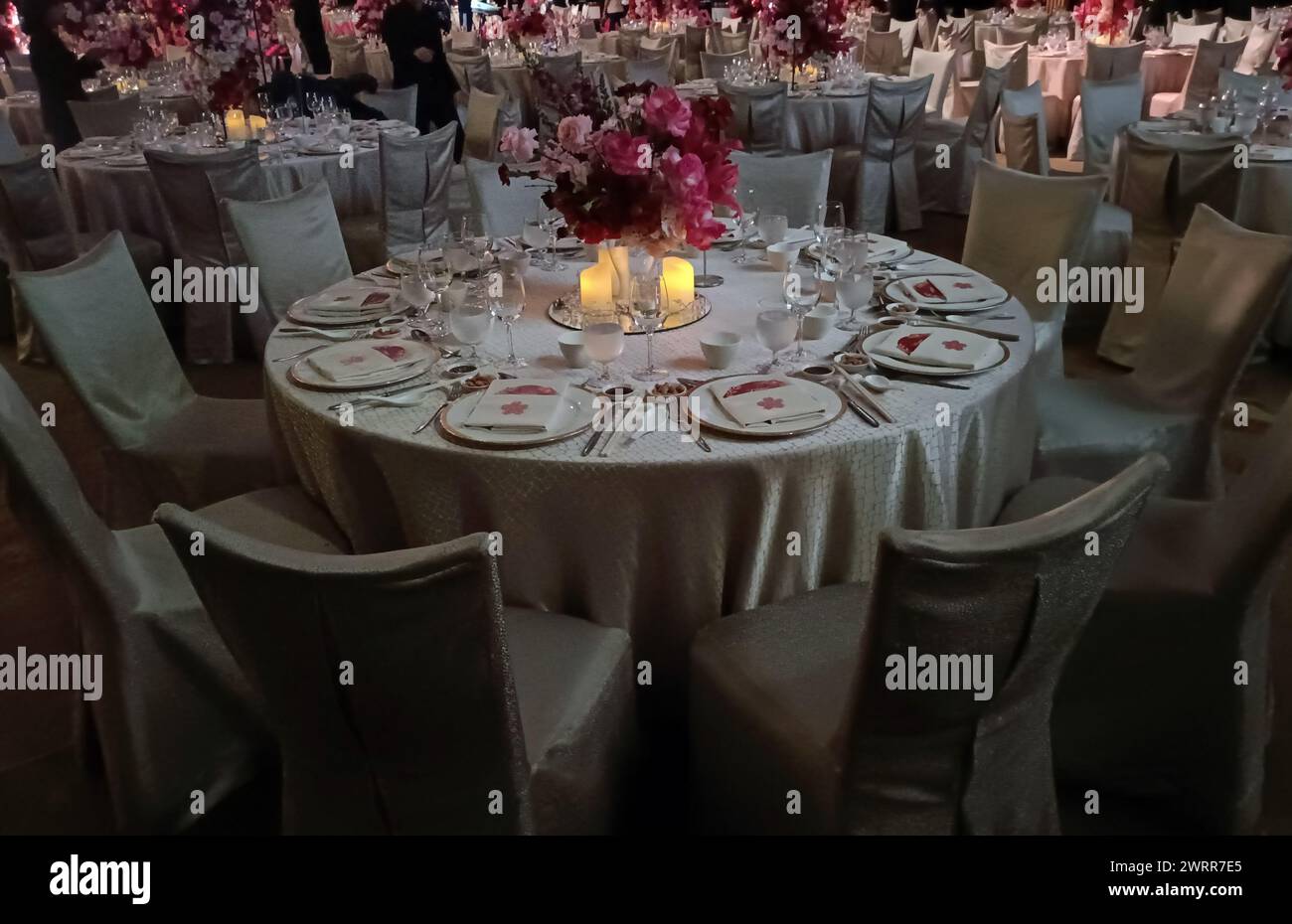 The dining table setup at a wedding celebration in Jakarta on January 4 ...