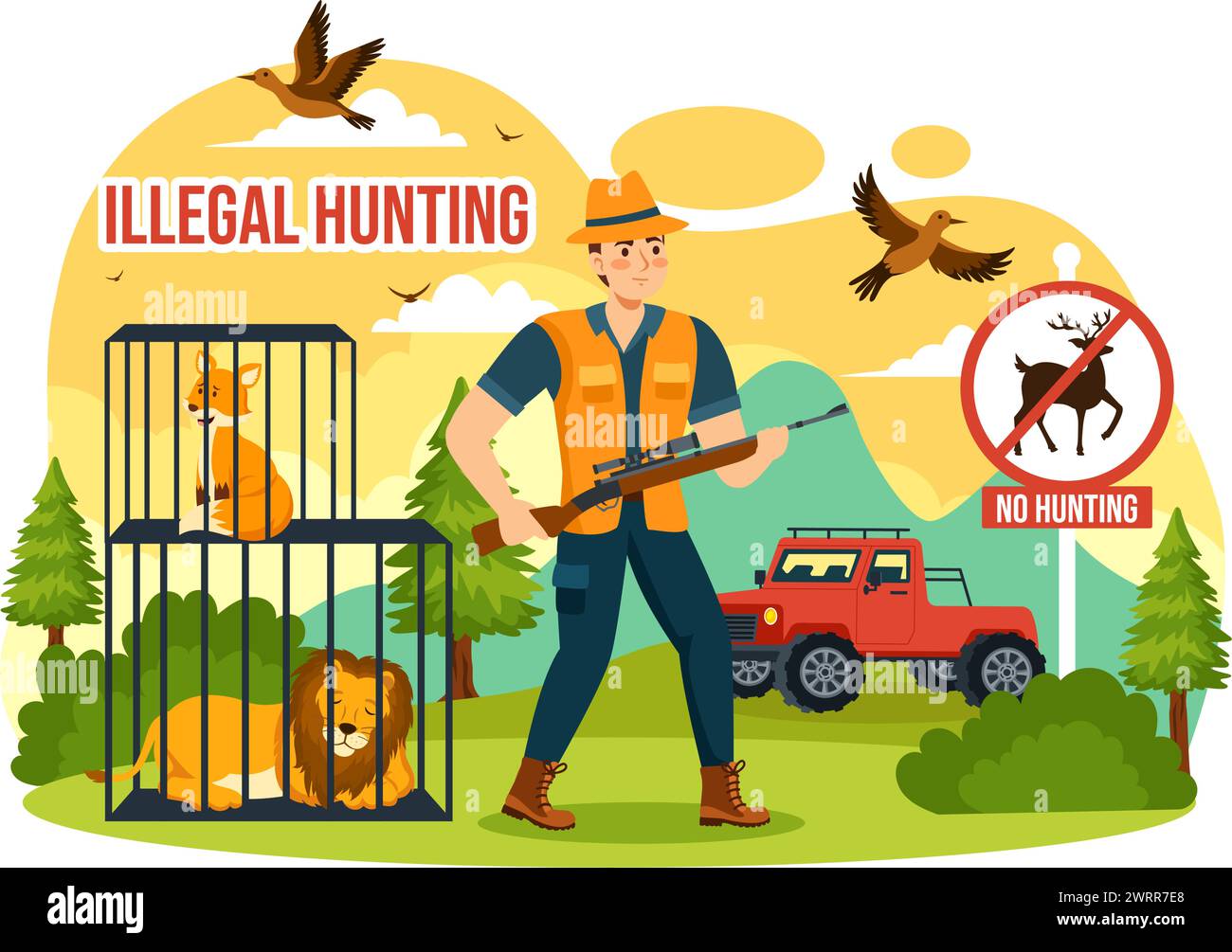Illegal Hunting Vector Illustration by Shooting, Taking Wild Animals ...
