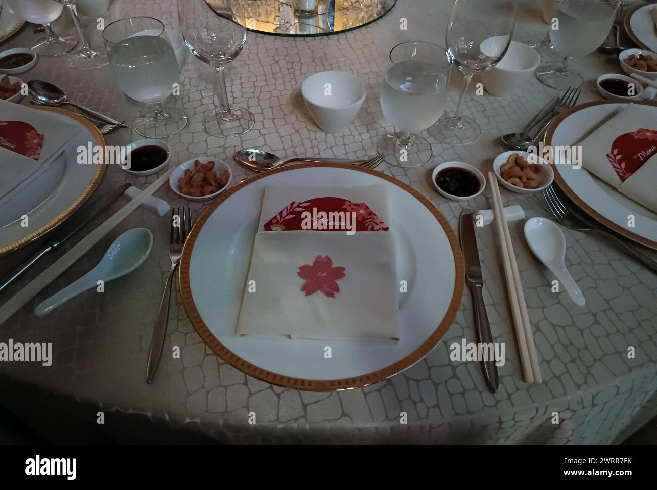 The dining table setup at a wedding celebration in Jakarta on January 4 ...