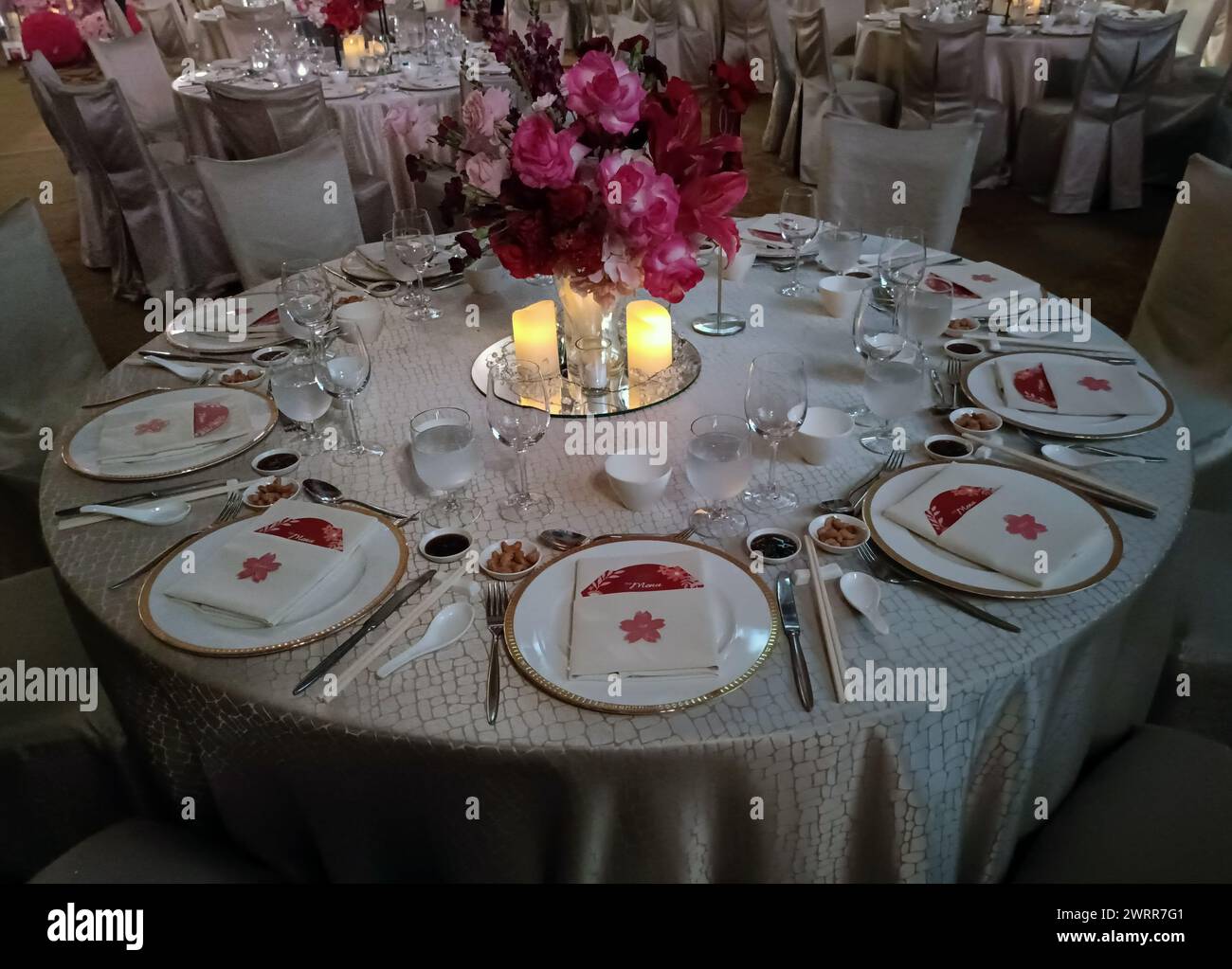 The dining table setup at a wedding celebration in Jakarta on January 4 ...