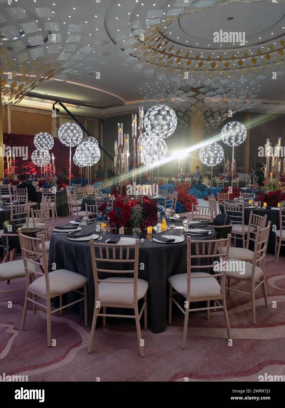 The dining table setup at a wedding celebration in Jakarta on January 4 ...