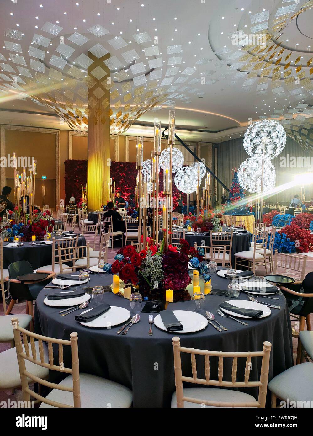 The dining table setup at a wedding celebration in Jakarta on January 4 ...