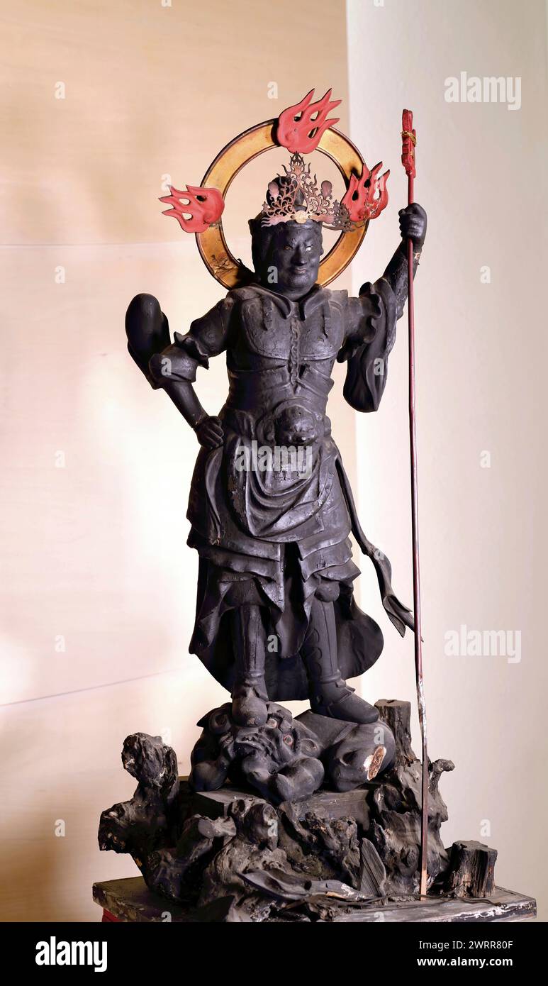A picture shows the Standing wooden statue of Bishamonten (Vaisravana ...