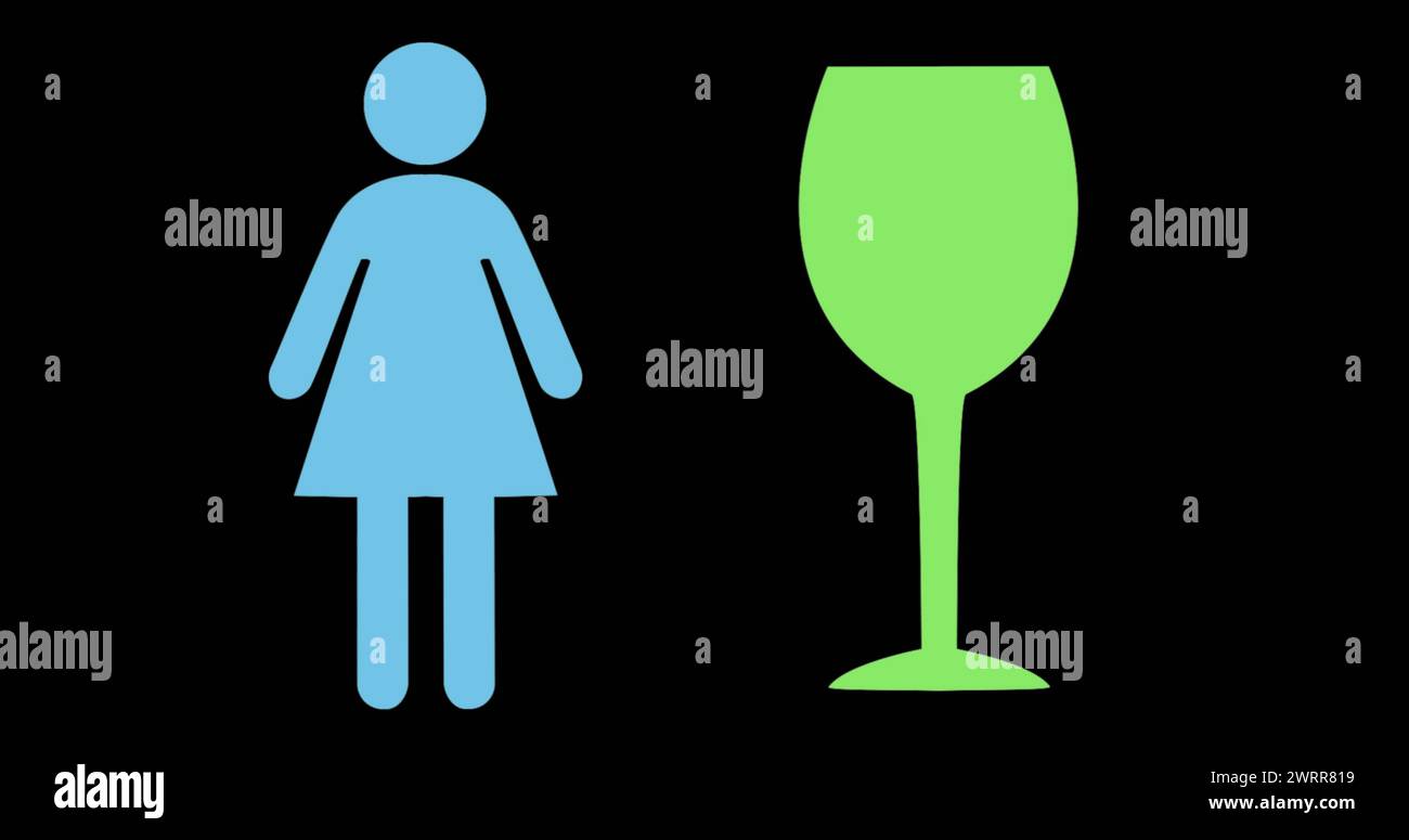 A blue female restroom symbol stands next to a green wine glass icon ...