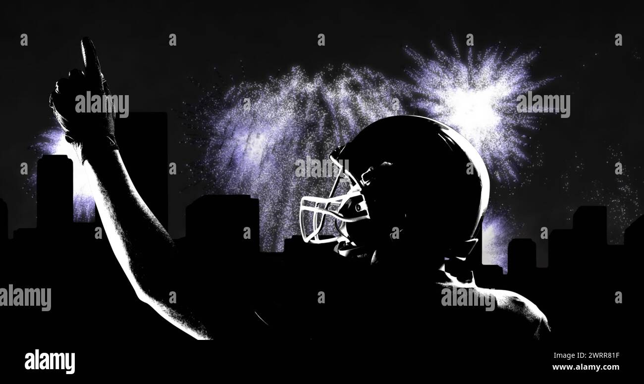 Image of cityscape and fireworks over male american football player ...