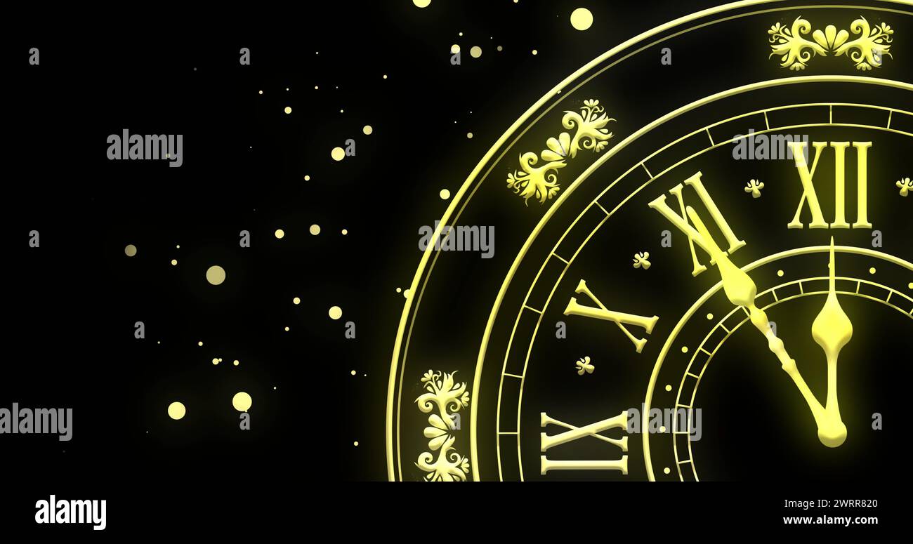 Image of clock showing midnight and fireworks exploding on black ...