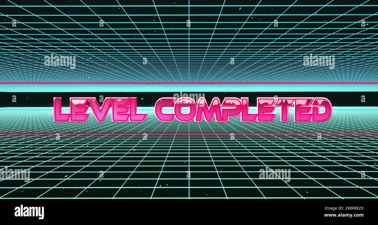 Image of gaming icons and level completed text over shapes Stock Photo ...