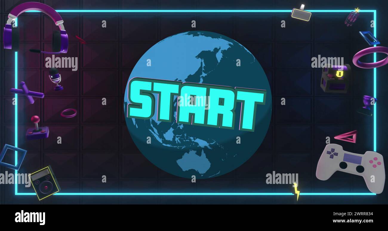 Image of gaming icons and start text over globe Stock Photo - Alamy