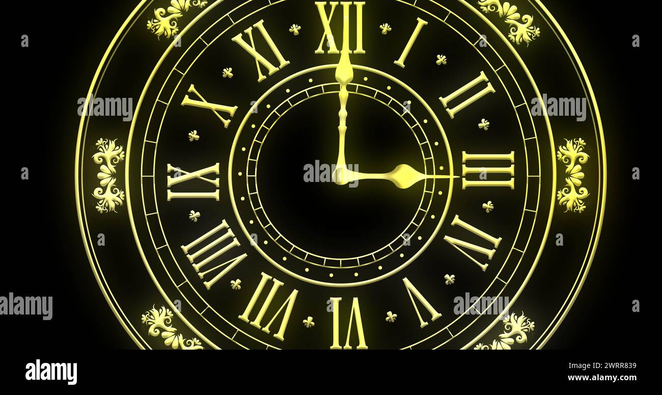 Image of clock showing midnight and fireworks exploding on black ...
