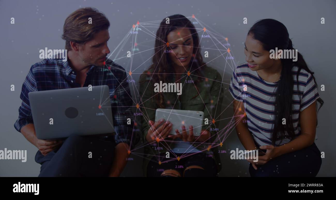 Image of globe of network of connections spinning over diverse ...