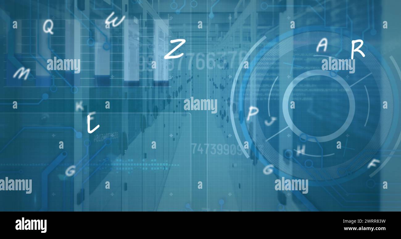 Image of scope scanning, numbers and statistics over computer servers Stock Photo - Alamy