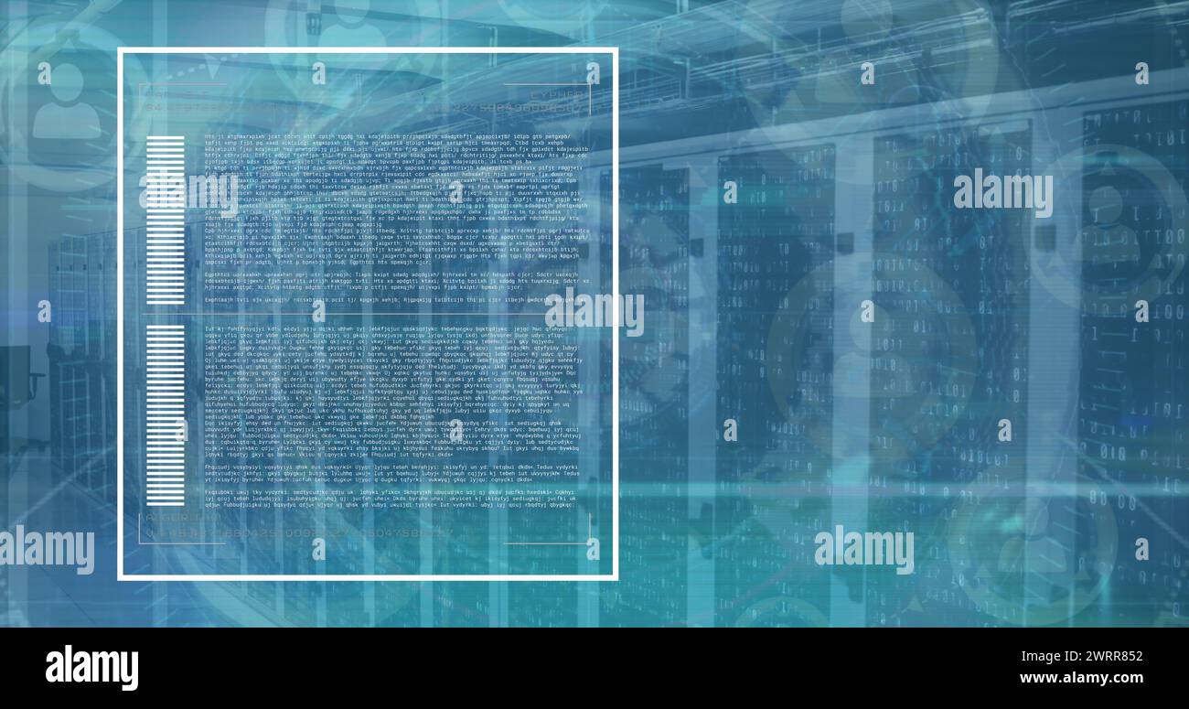 Image of data processing and interface charts over computer server room ...