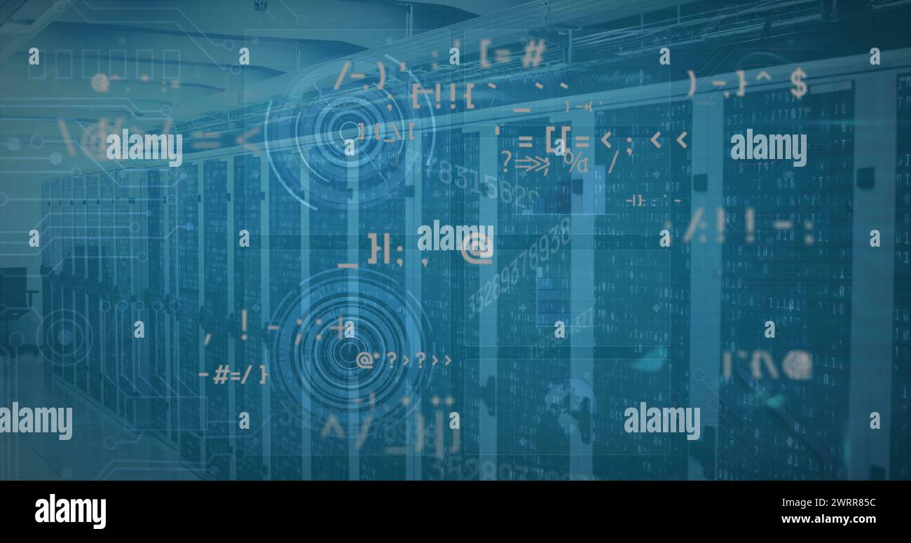 Image of graphs and charts on interface with data processing over computer server room Stock ...