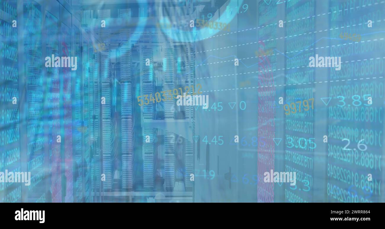 Image of data processing with graphs and charts on interface over computer server room Stock ...