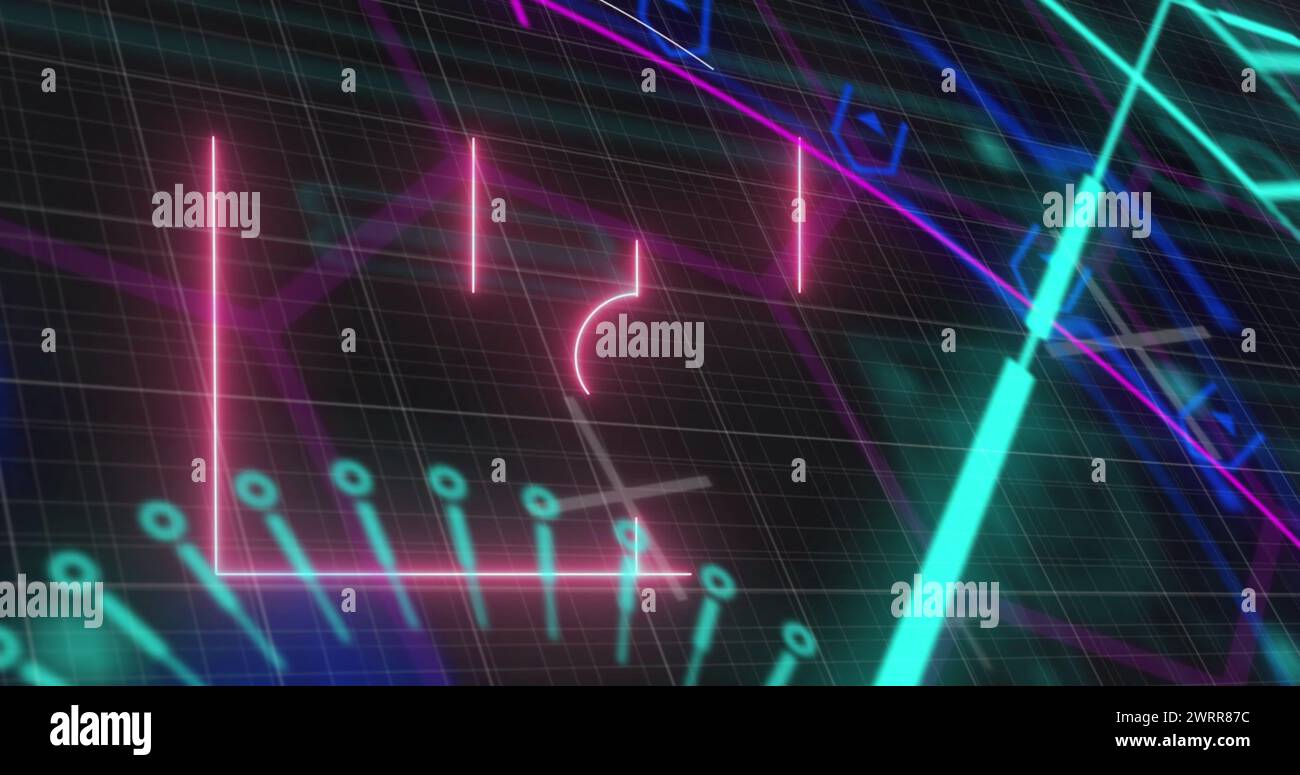 Image of numbers changing and data processing over grid on purple ...