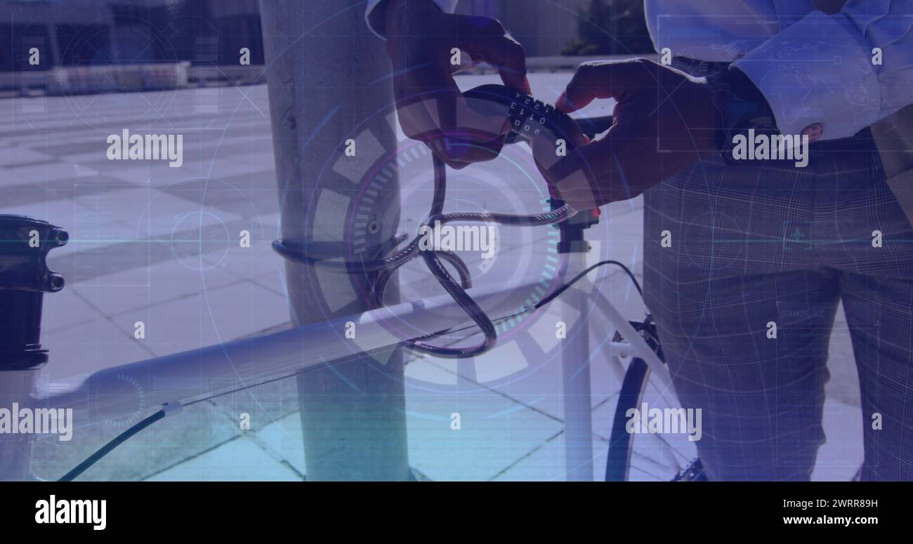 Image of data processing over african american businessman locking bike ...