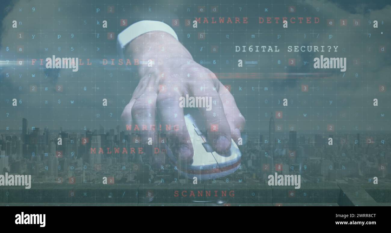 Image of cyber attack warning with hand holding computer mouse over ...