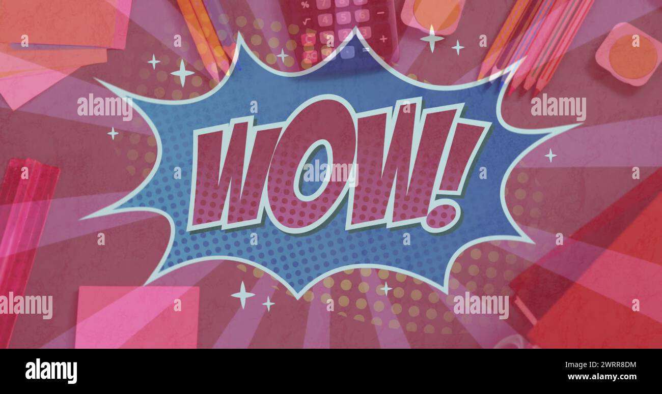 Wow! text in a retro bubble with school items on pink, vintage comic ...