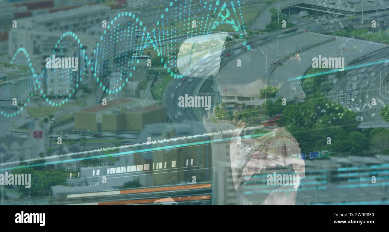 Abstract digital graphics overlay a blurred cityscape Stock Photo - Alamy