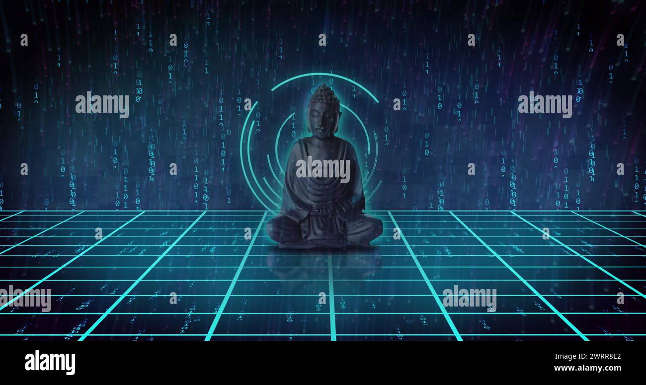 Image of buddha with scope scanning and binary coding on black ...