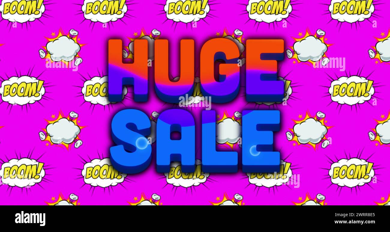 Vintage comic-style sale ad with rainbow splash on pink background ...