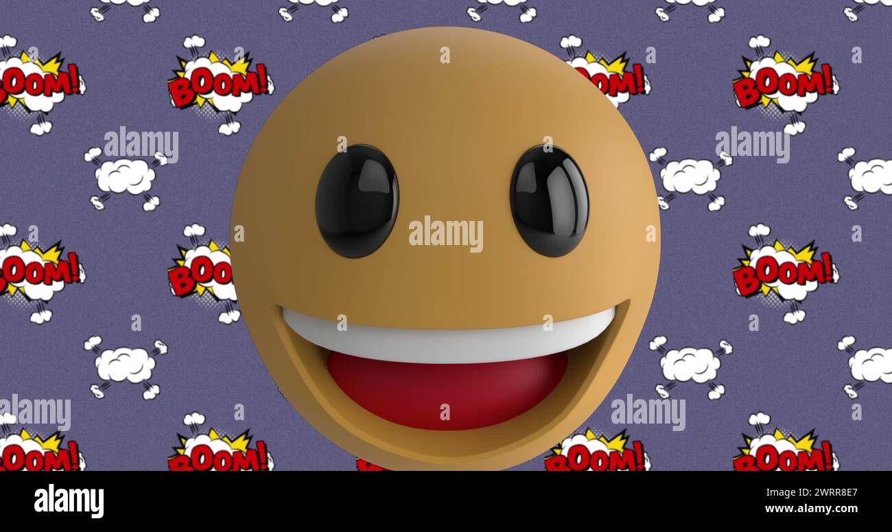 Image of smiley face emoji with the Boom! text written over cartoon ...
