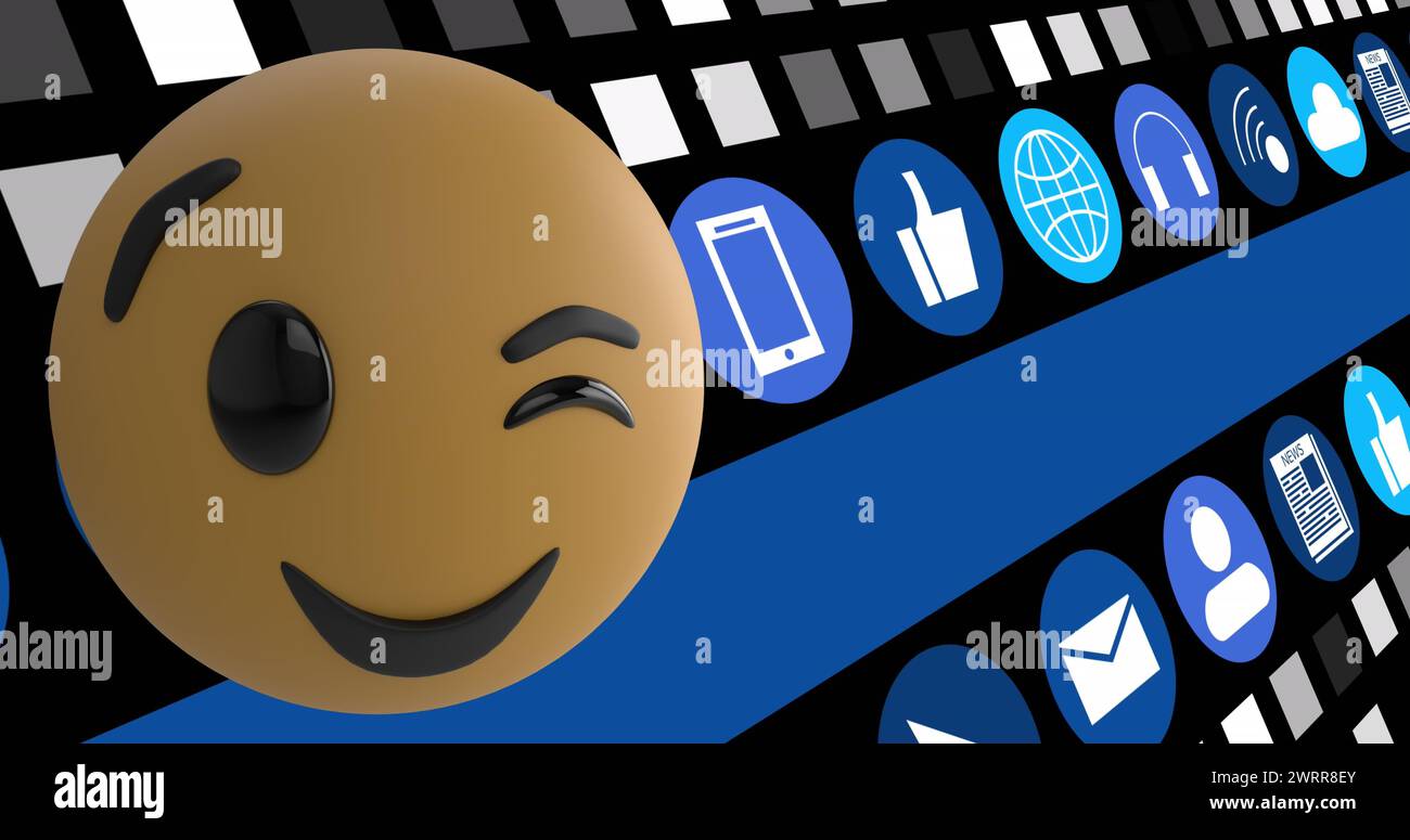 Image of social media icons with winking emoji icons over blue ...