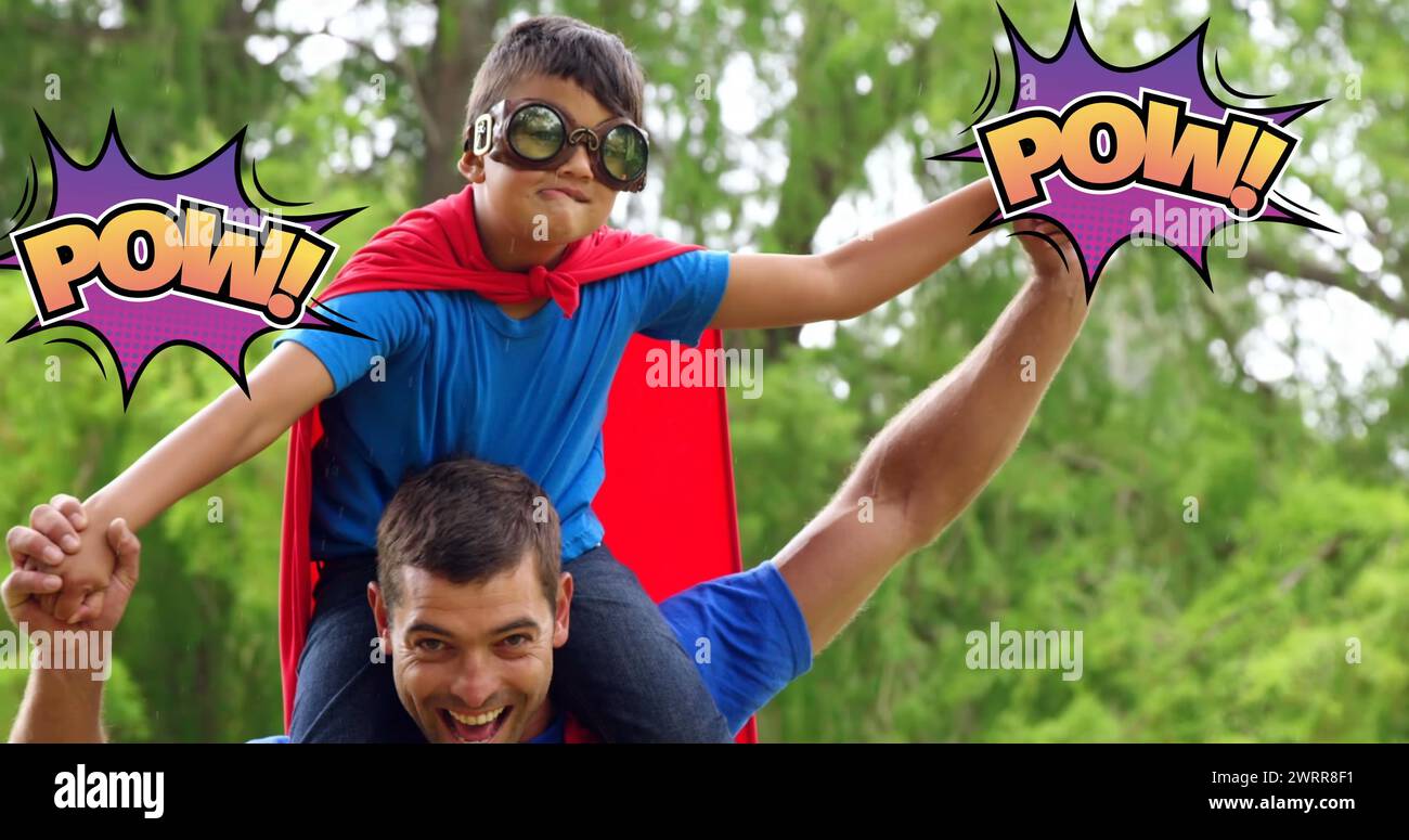 Image of the Pow! text written over cartoon retro speech bubbles and ...